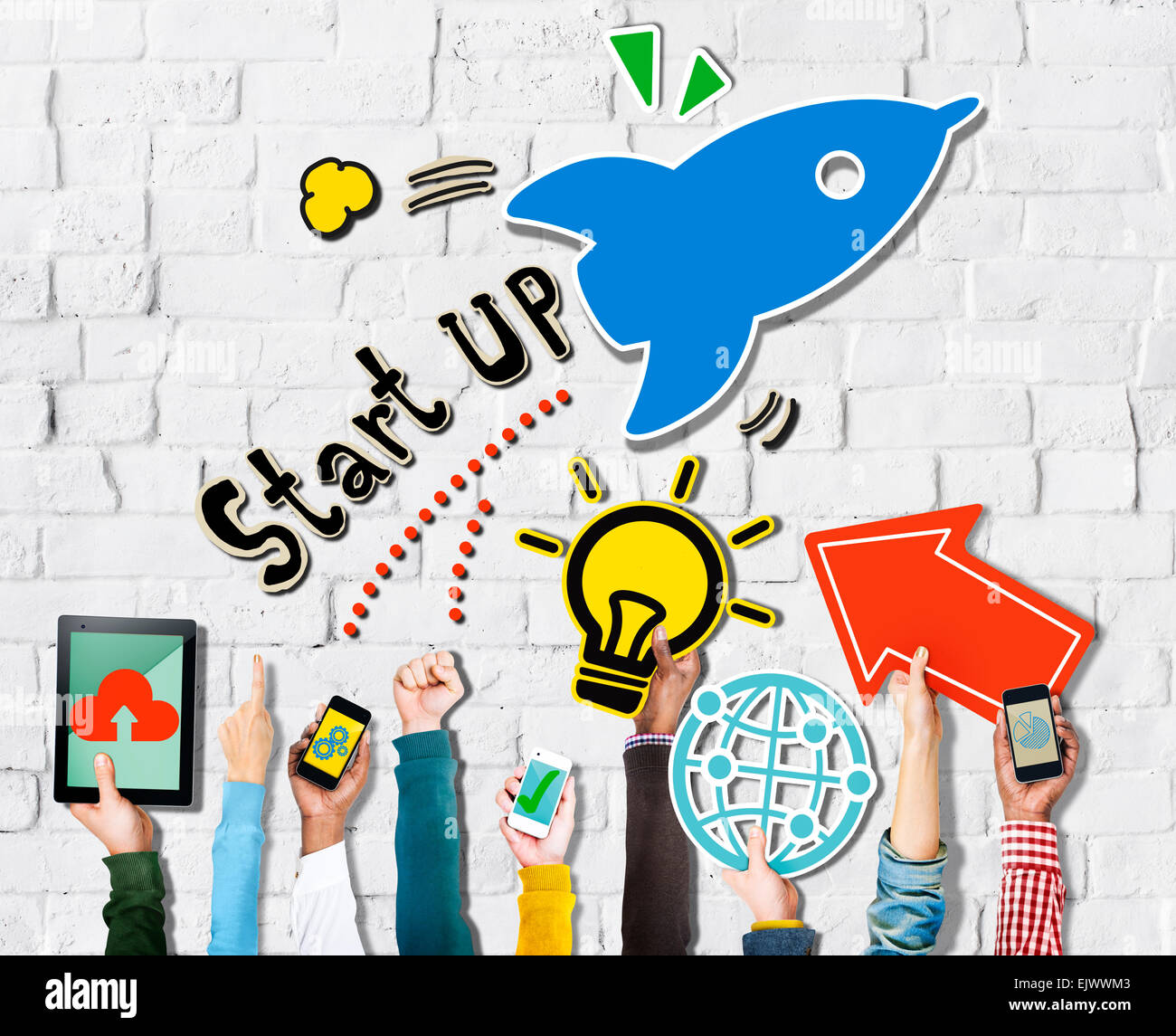 Diverse Hands Holding Start Up Symbol Stock Photo - Alamy