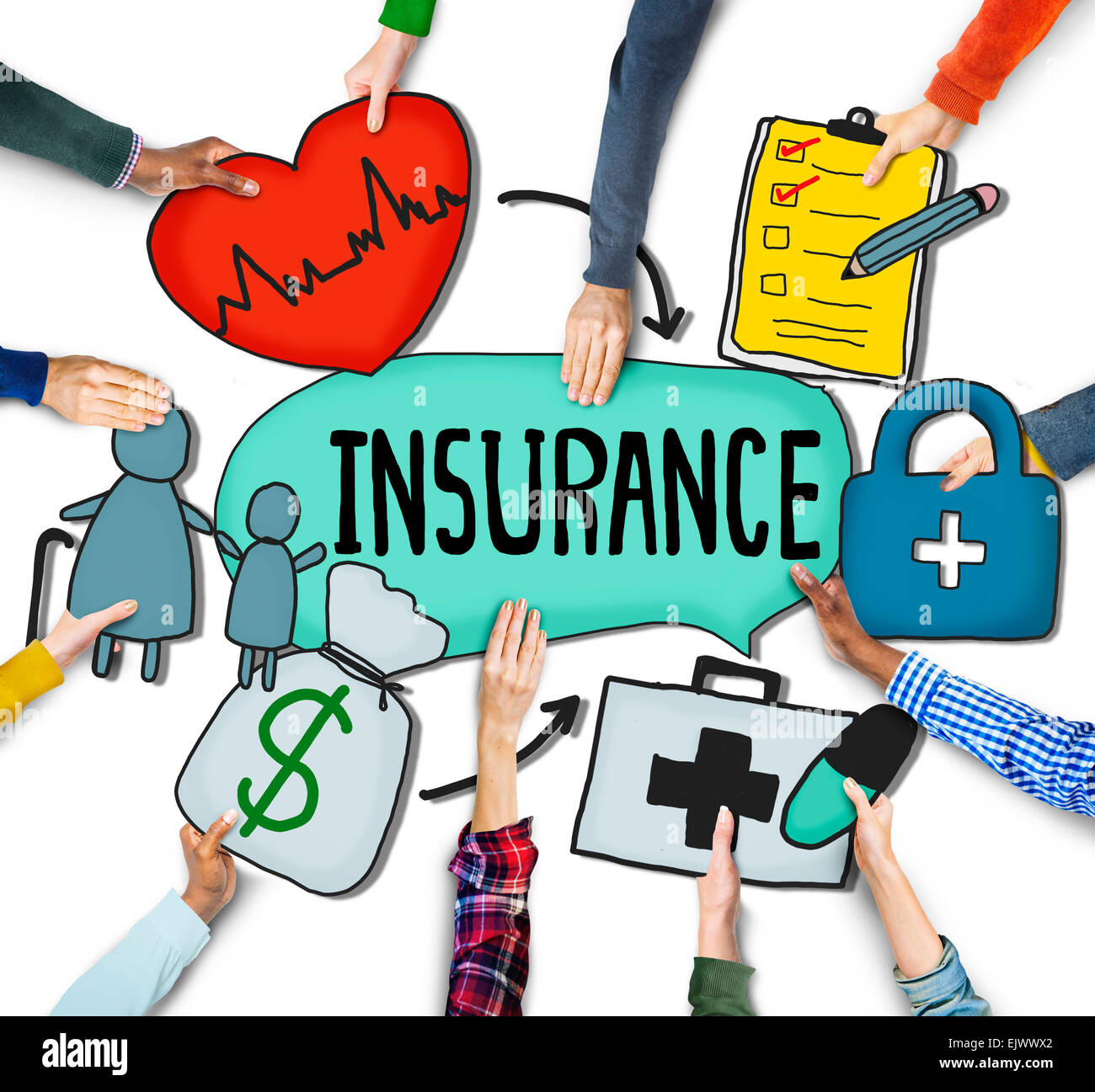 Diverse People's Hands Holding Insurance Text and Symbols Stock Photo ...