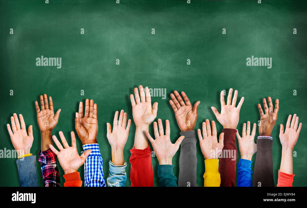 Group of Multiethnic Diverse Hands Raised Stock Photo - Alamy