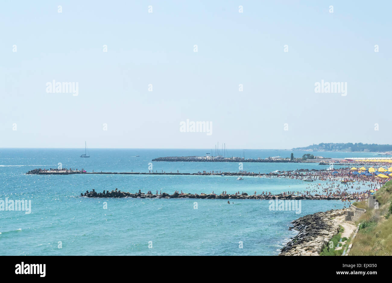 Crowded seashore with tourists in summer vacation on Black Sea Stock ...