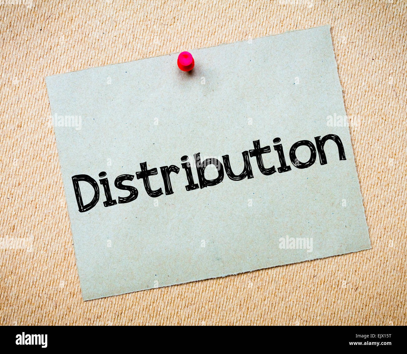 Distribution Message. Recycled paper note pinned on cork board. Concept ...