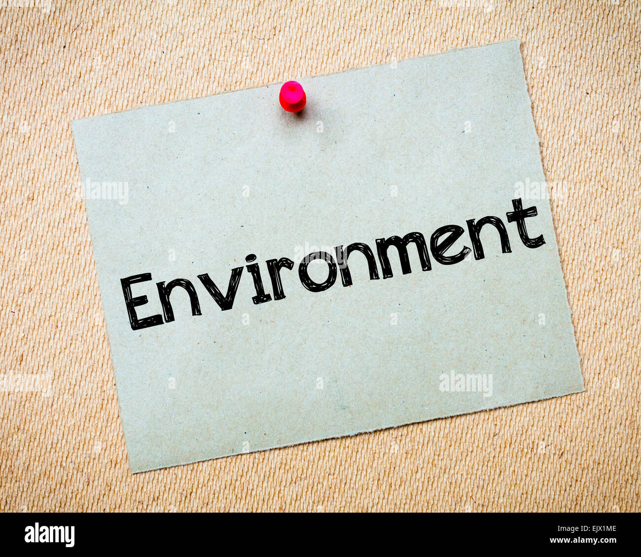 Environment Message. Recycled paper note pinned on cork board. Concept ...