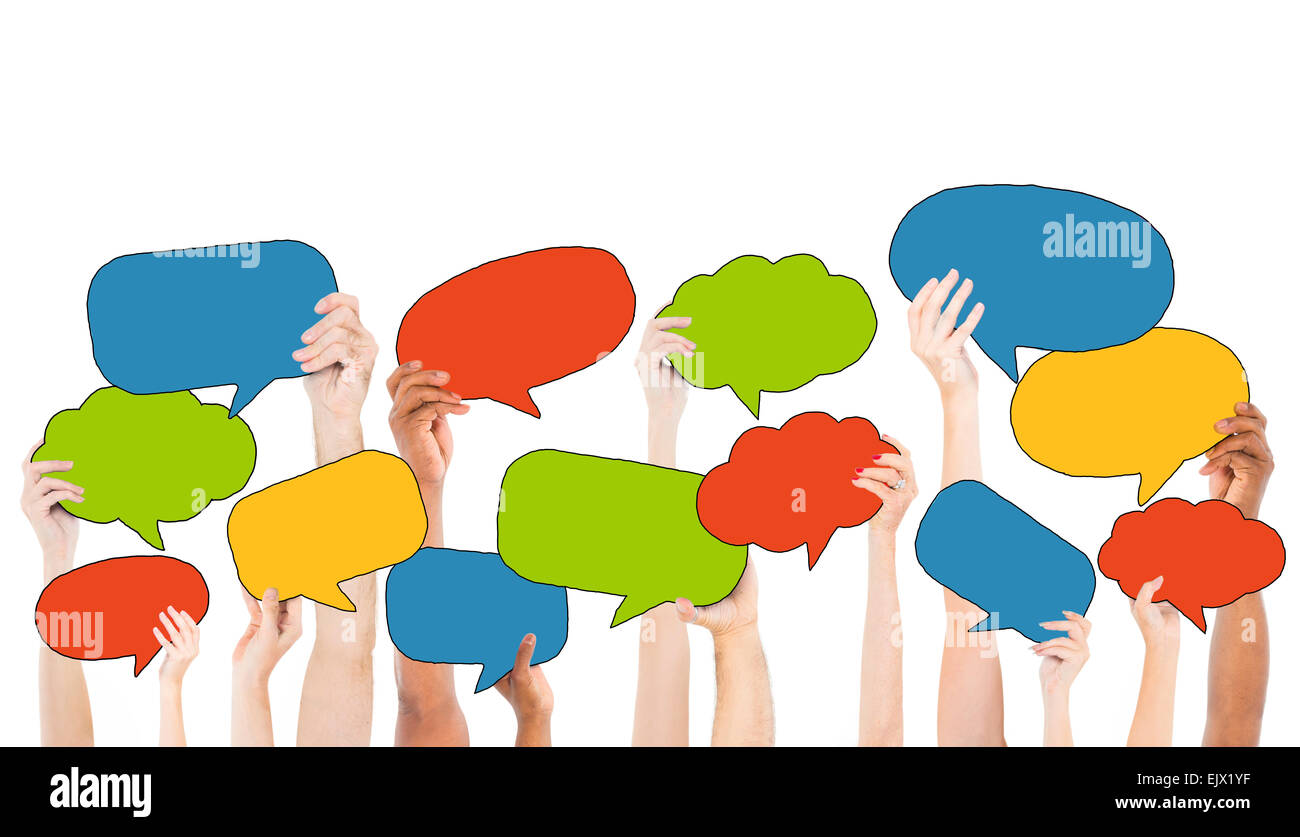 Multi-Ethnic Group of Hands Holding Speech Bubbles Stock Photo - Alamy