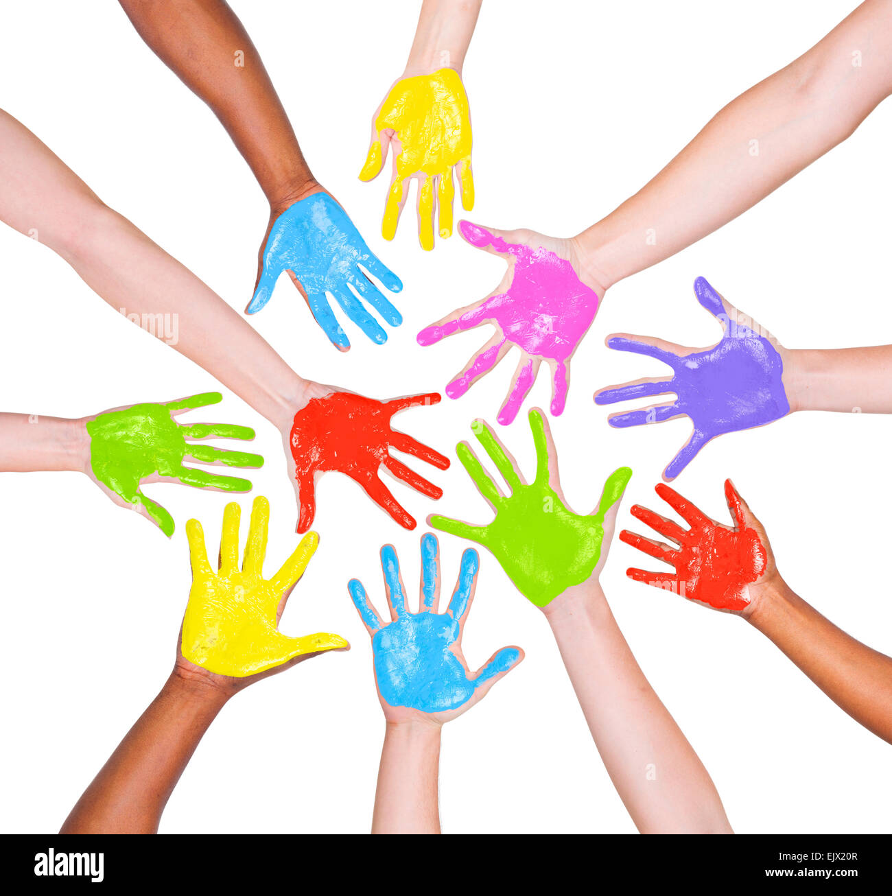 Multi-Ethnic Arms Raised and Colorful Painted Hands Stock Photo - Alamy