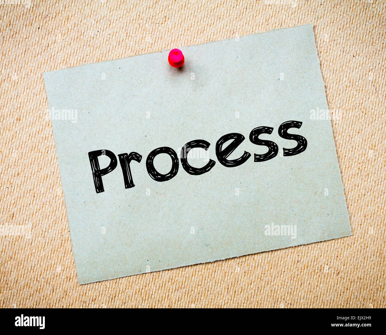 Process Message. Recycled paper note pinned on cork board. Concept ...