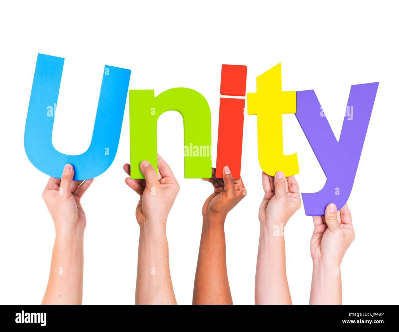 Multiethnic Arms Raised Holding Text Unity Stock Photo - Alamy