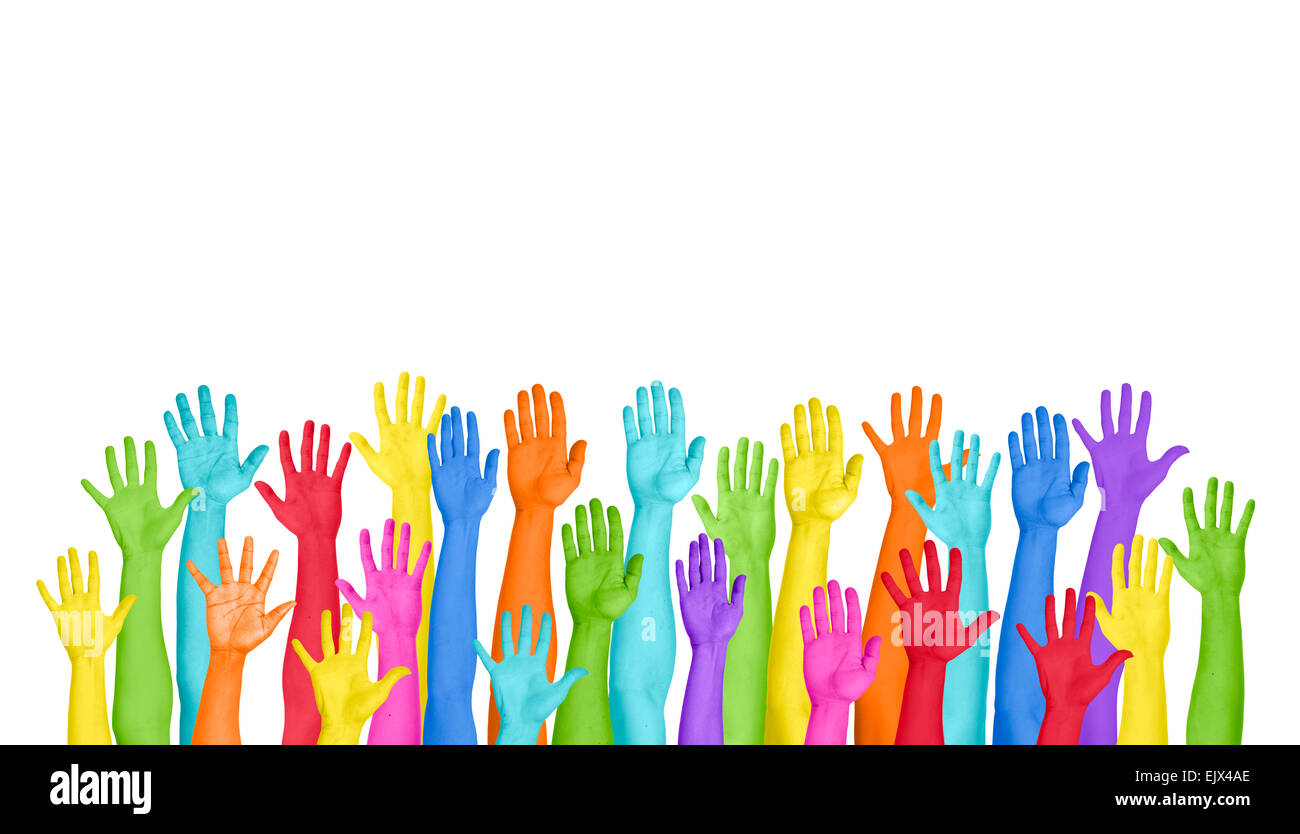 Colorful Hands Raised On White Background Stock Photo - Alamy
