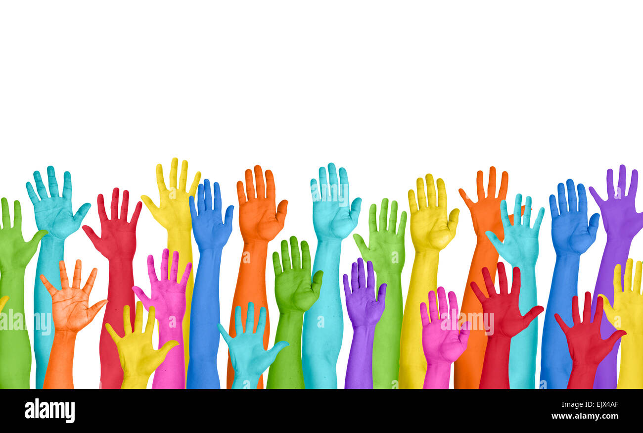 Colorful Hands Raised On White Background Stock Photo - Alamy