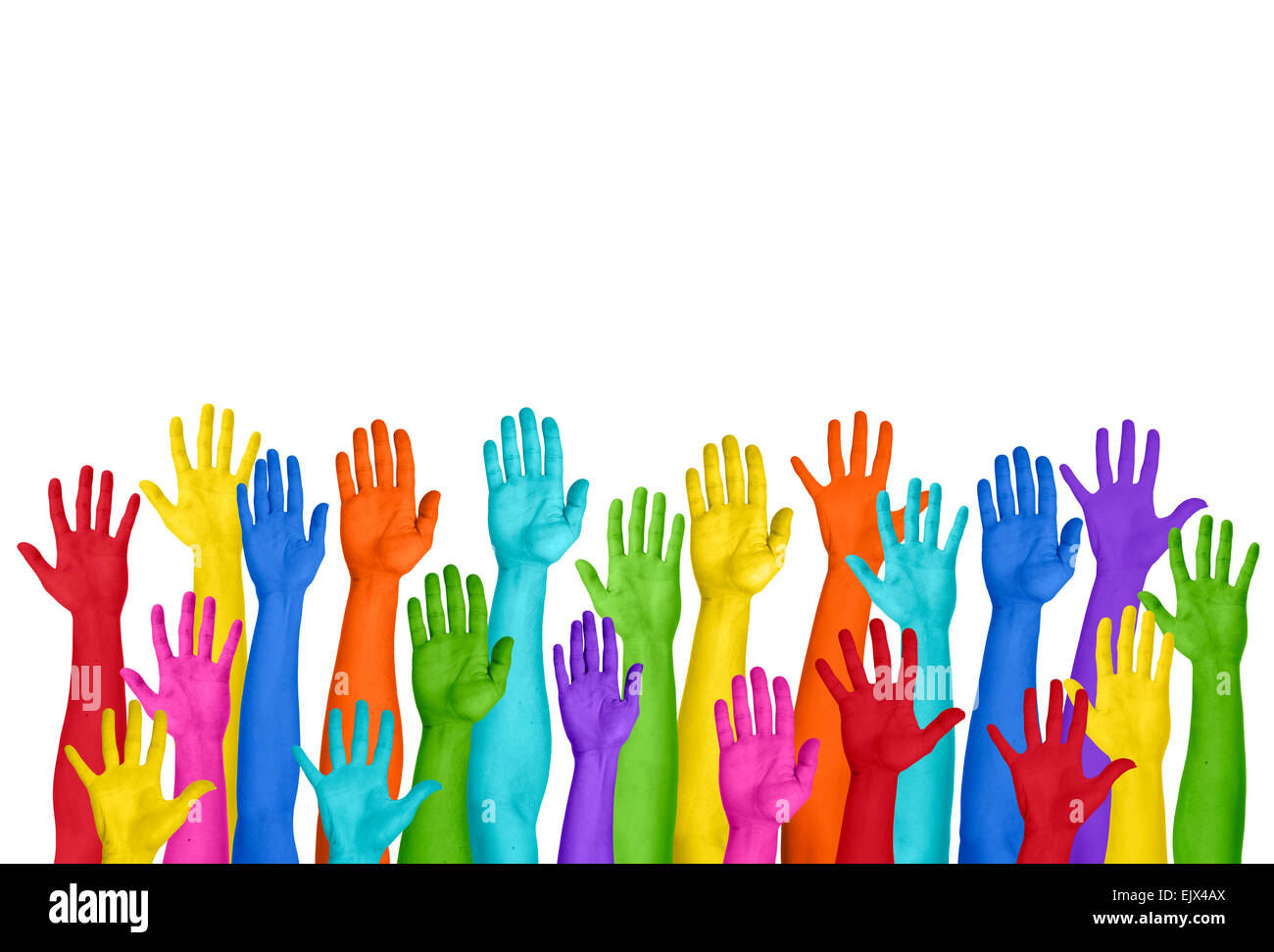 Colorful Hands Raised On White Background Stock Photo - Alamy
