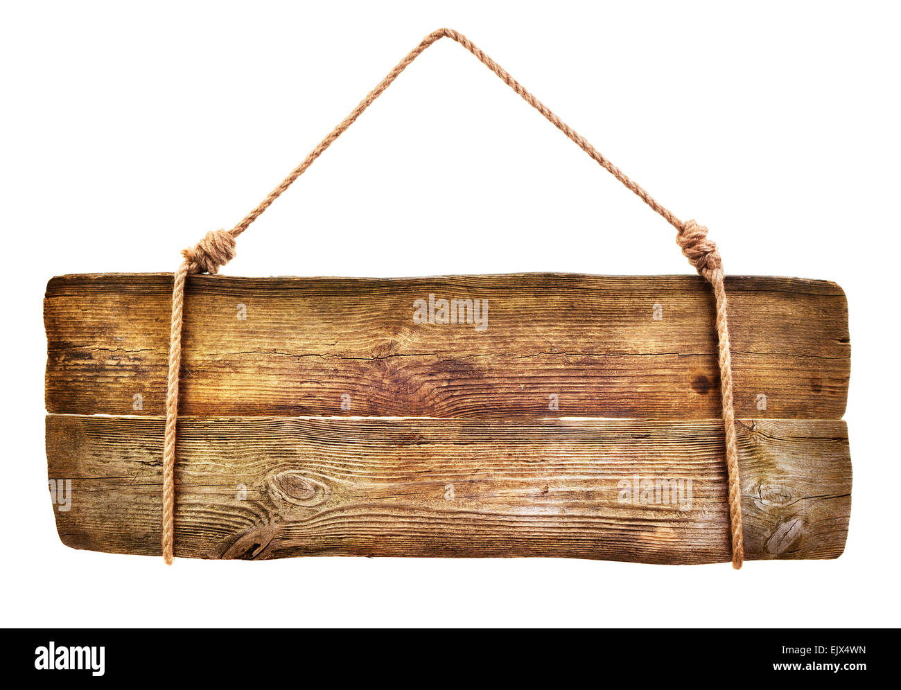 Wooden sign hanging on a rope on white background Stock Photo - Alamy