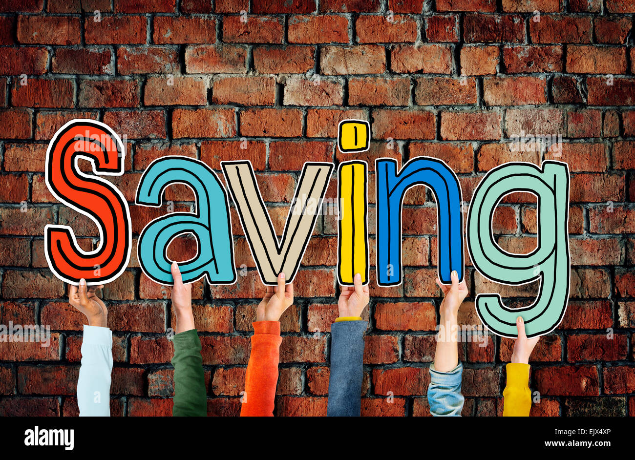 Group of Diverse People Holding the Word Saving Stock Photo - Alamy