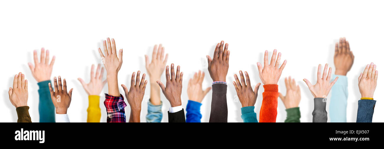 Group of Multiethnic Diverse Hands Raised Stock Photo - Alamy