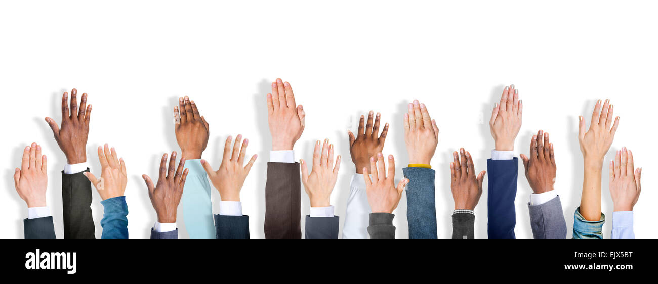 Group of Multiethnic Diverse Hands Raised Stock Photo - Alamy