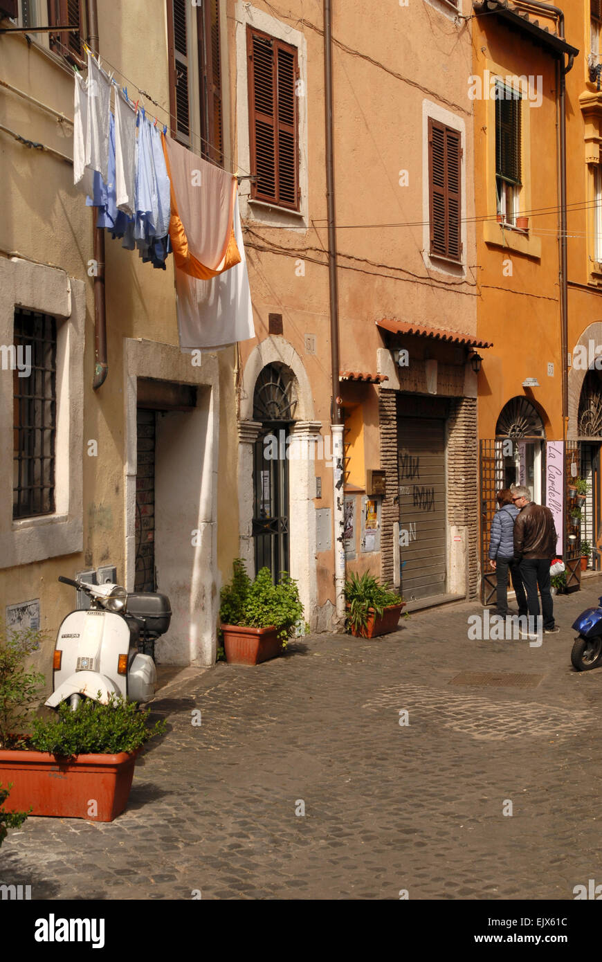 Characteristic street in Trastevere, the bohemian quarter of Rome Stock ...