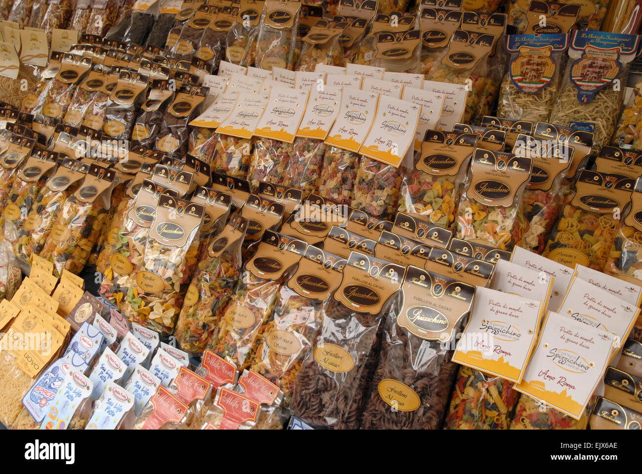 Various different kinds of pasta on a stall in the market at Campo de ...
