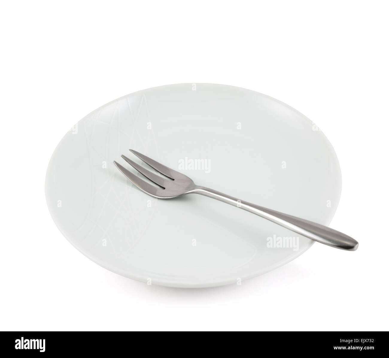 Metal fork in a ceramic plate isolated Stock Photo - Alamy