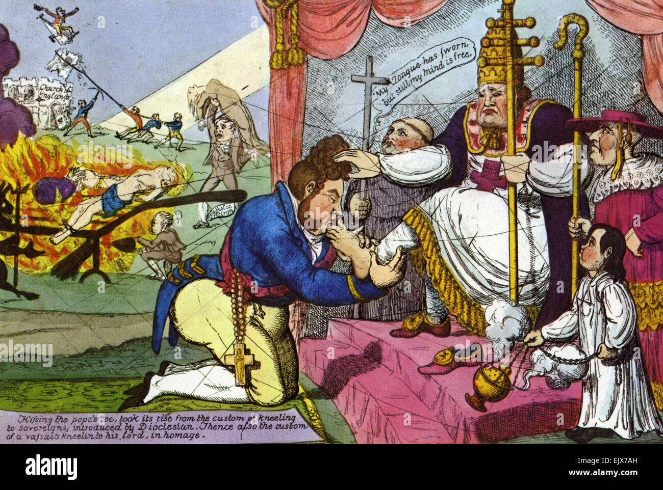 GEORGE VI kisses the Pope's foot in a Unionist cartoon about 1828 ...