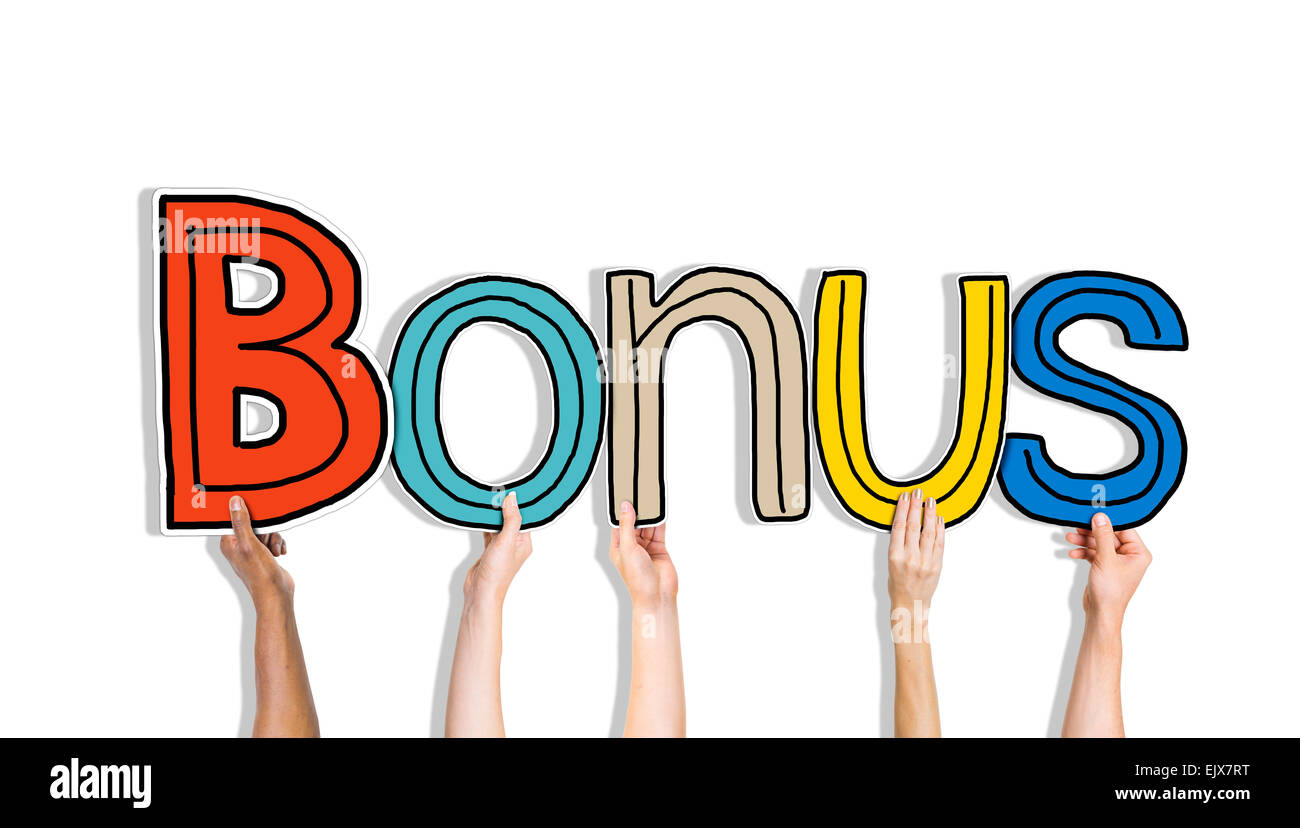 Diverse Hands Holding the Word Bonus Stock Photo - Alamy