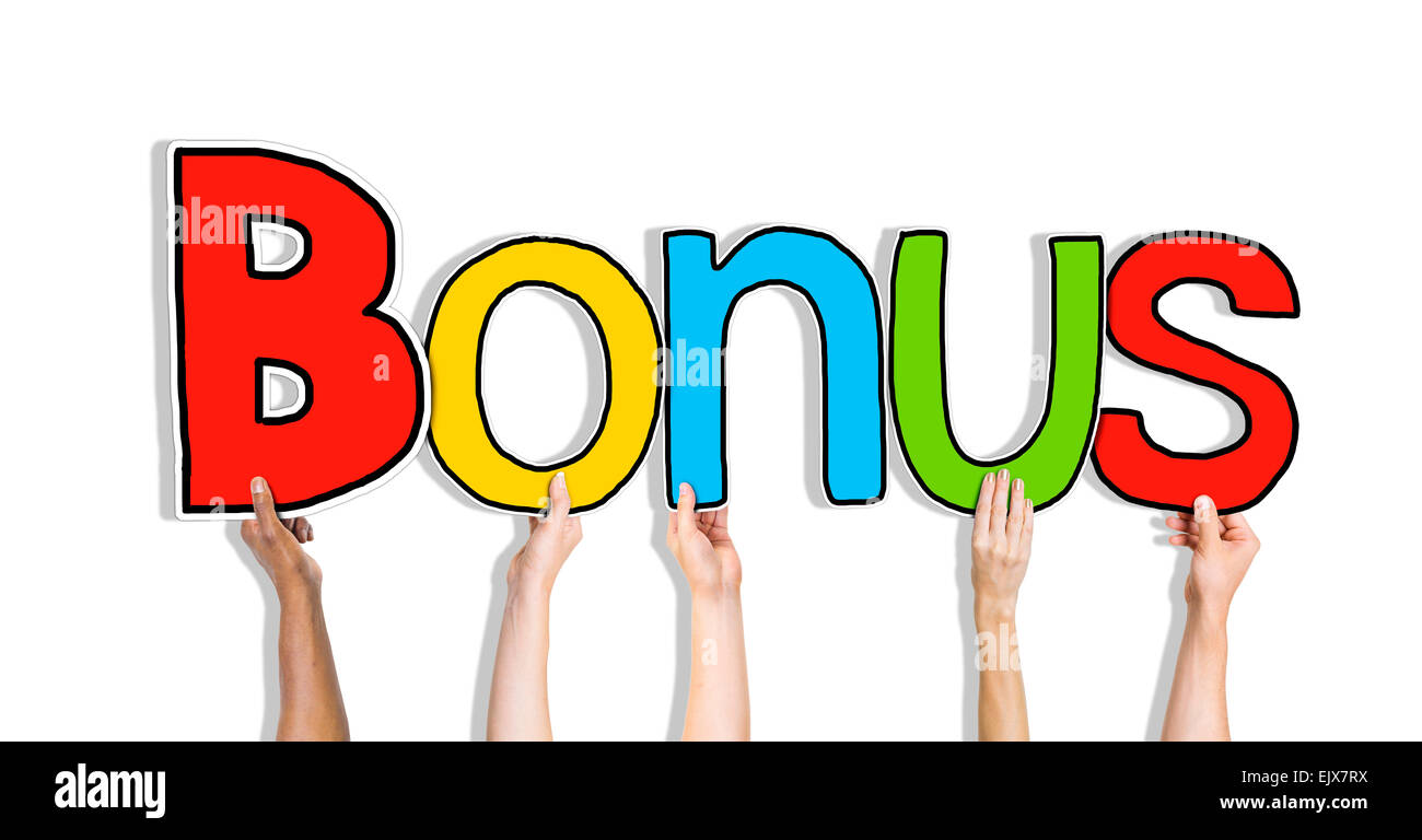 Diverse Hands Holding the Word Bonus Stock Photo - Alamy