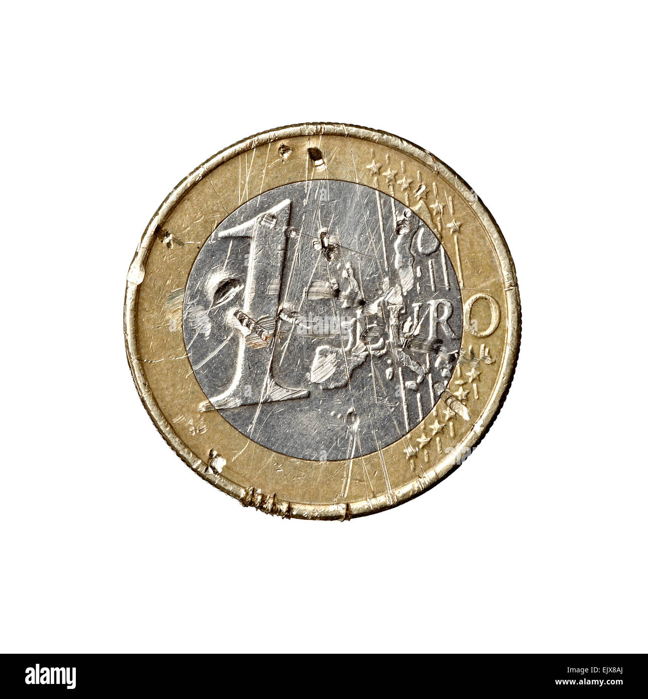 close up of damaged euro coin on white background with clipping path ...