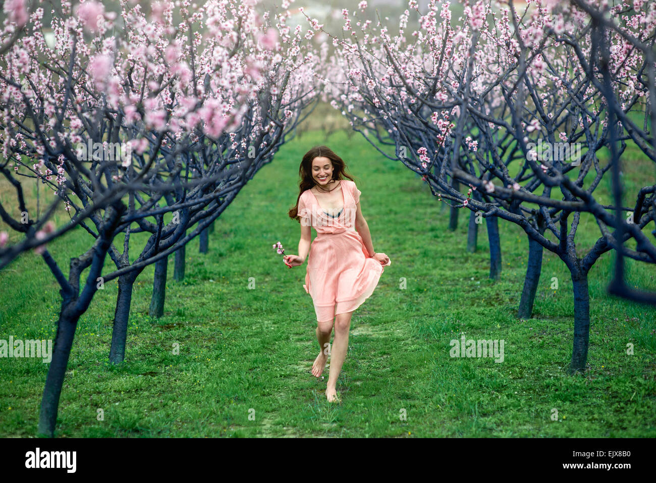 Woman enjoying spring in the green field with blooming trees Stock ...