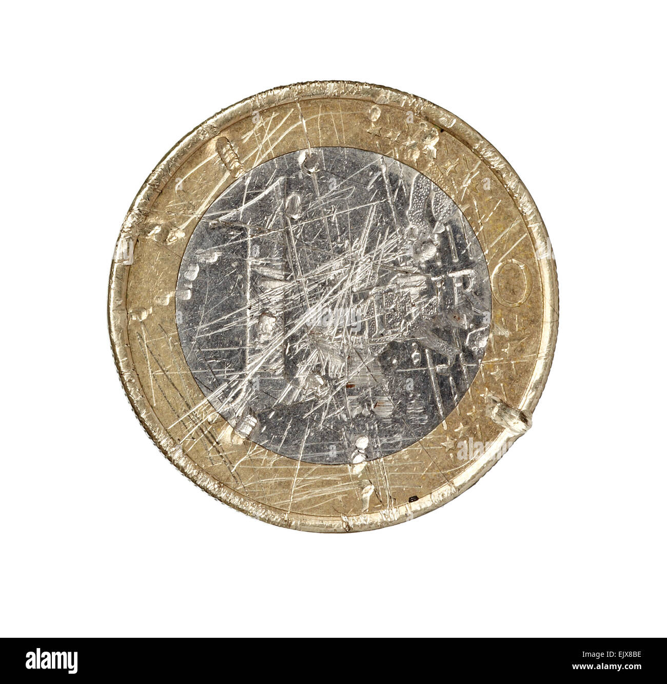 close up of damaged euro coin on white background with clipping path ...