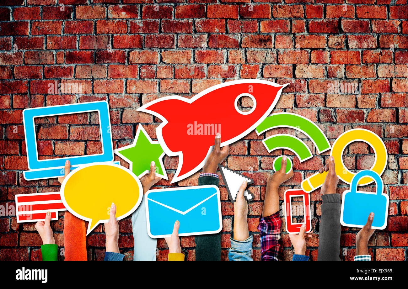 Hands Holding Various Colorful Symbols Stock Photo - Alamy