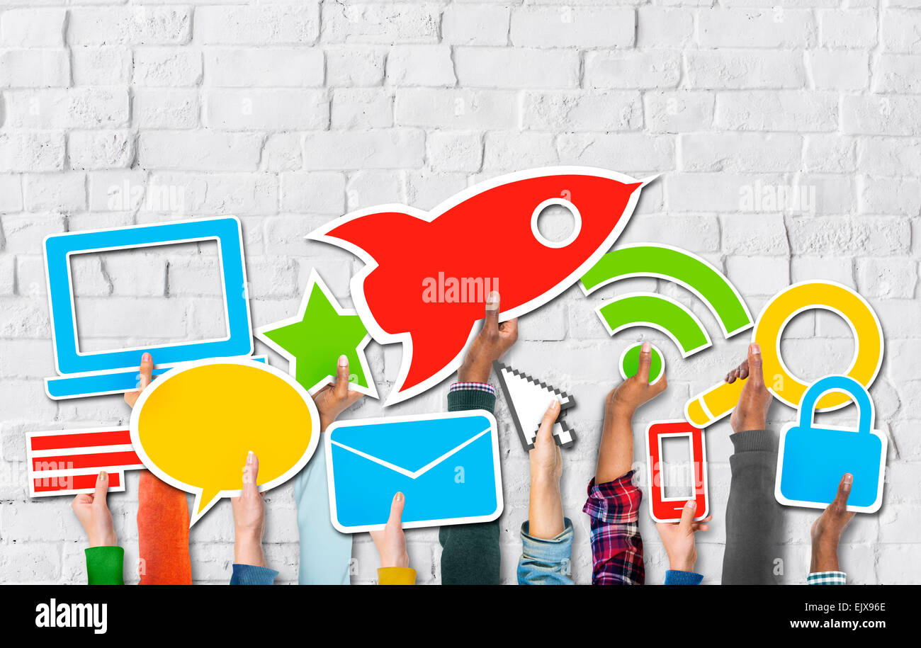 Group of Hands Holding Technology Symbols Stock Photo - Alamy