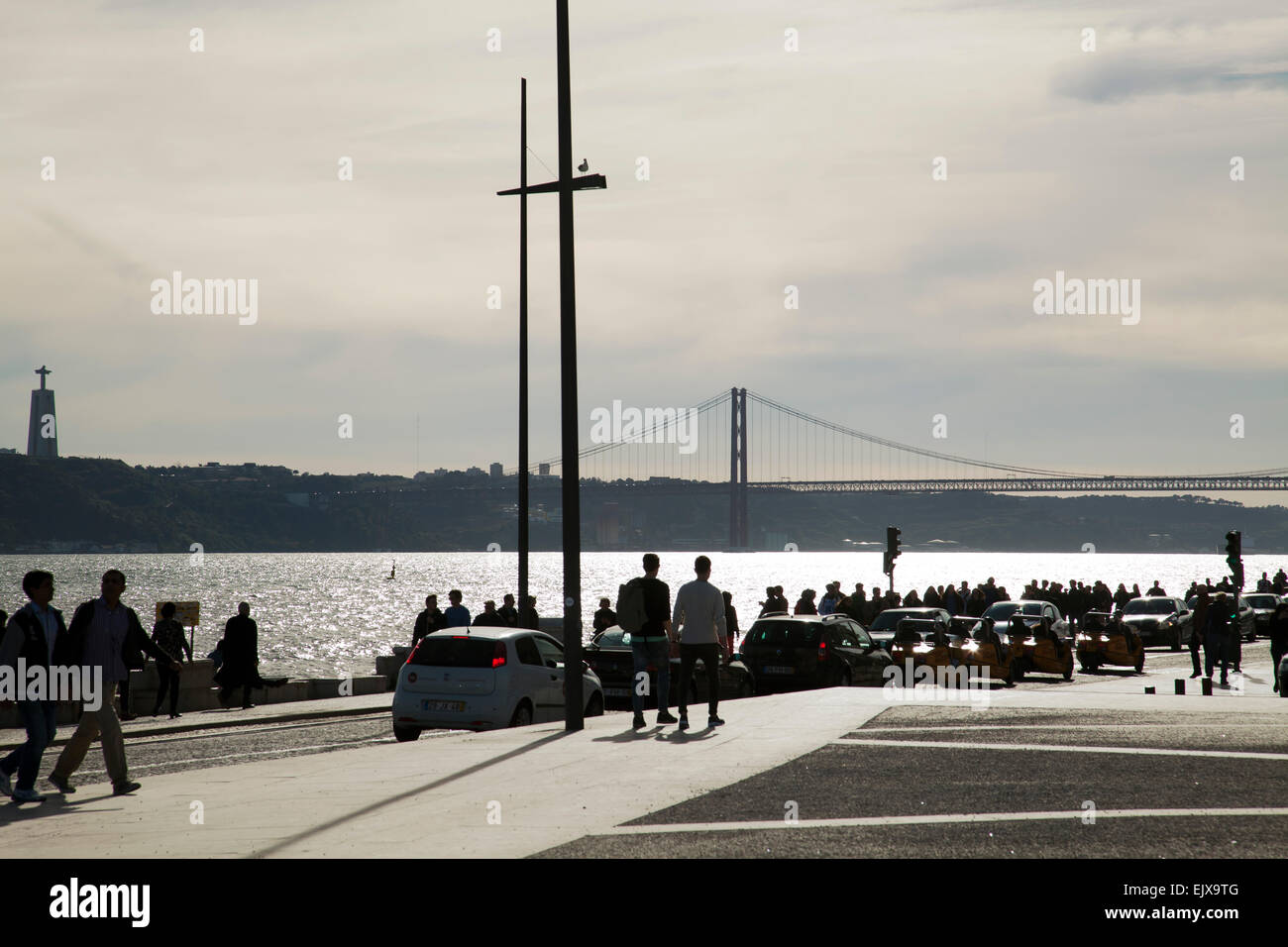 Strolling along Tagus River Promenade in Lisbon - Portugal Stock Photo ...
