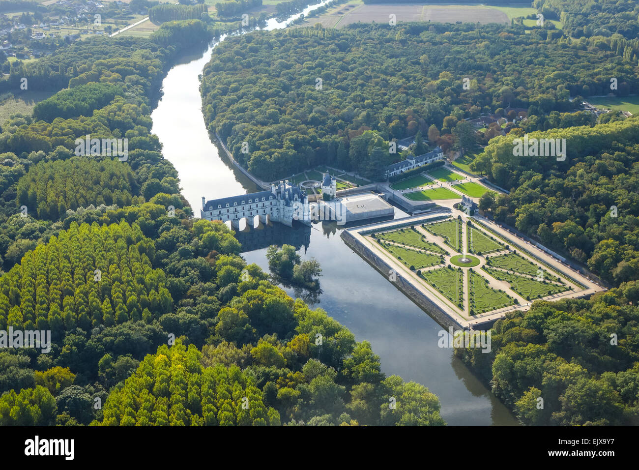 Chateau Chenonceau, Loire Valley, France. Aerial view from a ulm ...