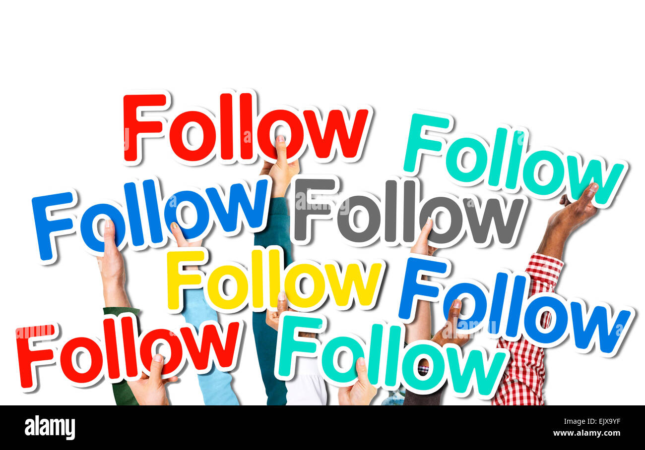 Diverse Hands Holding the Word Follow Stock Photo - Alamy