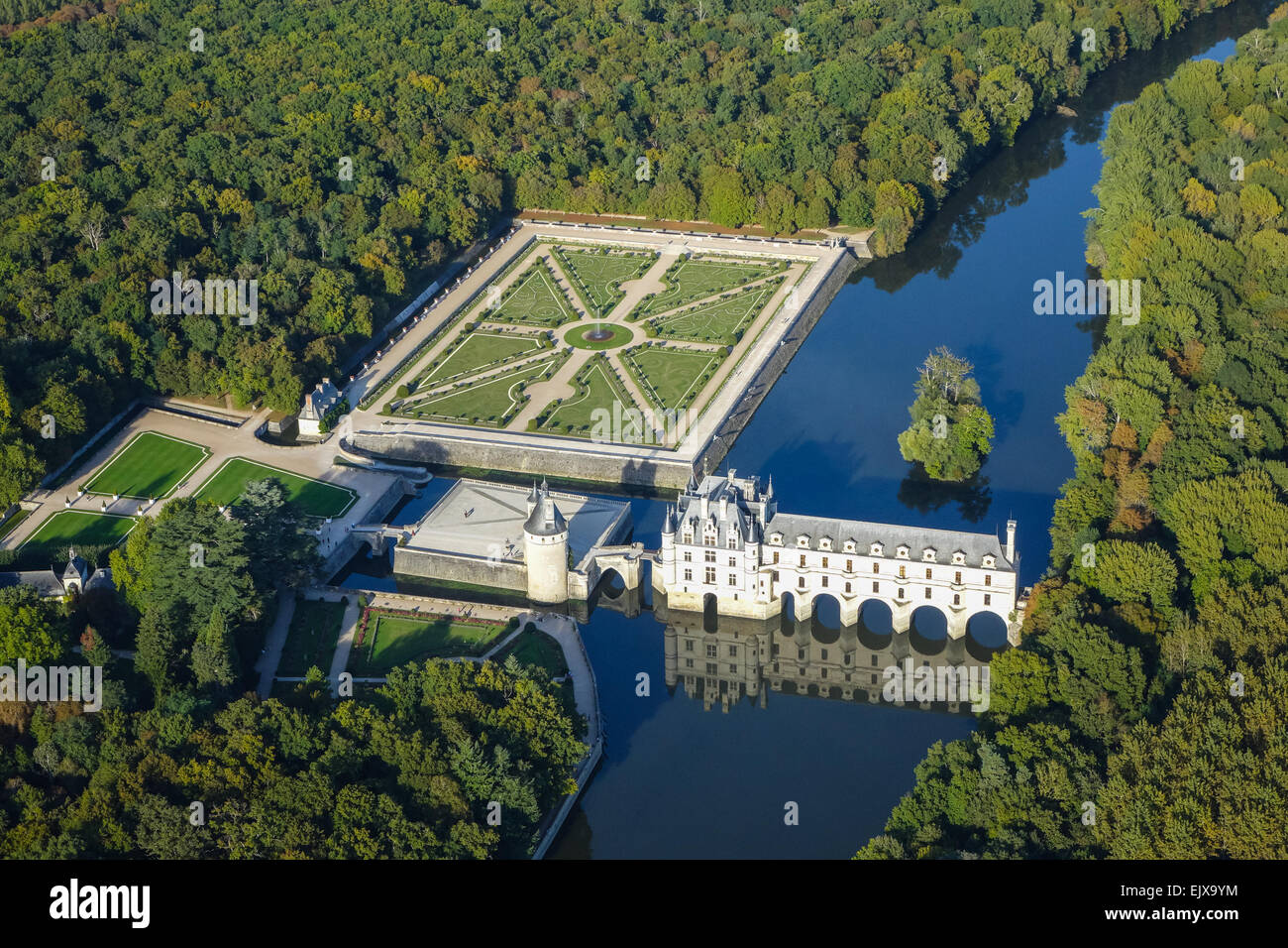 Chateau Chenonceau, Loire Valley, France. Aerial view from a ulm ...