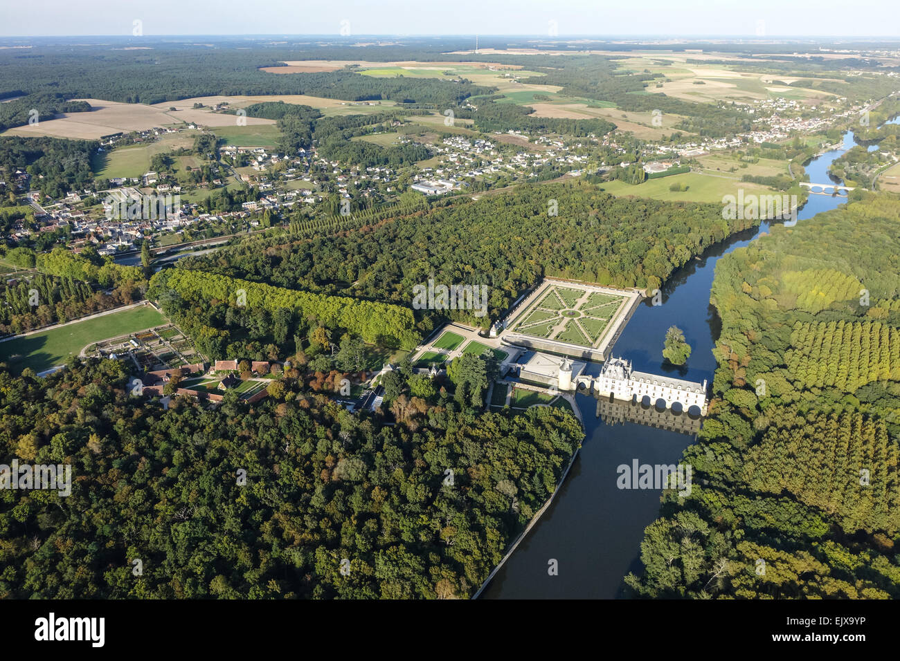 Chateau Chenonceau, Loire Valley, France. Aerial view from a ulm ...