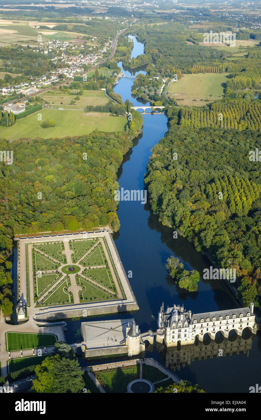 Chateau Chenonceau, Loire Valley, France. Aerial view from a ulm ...