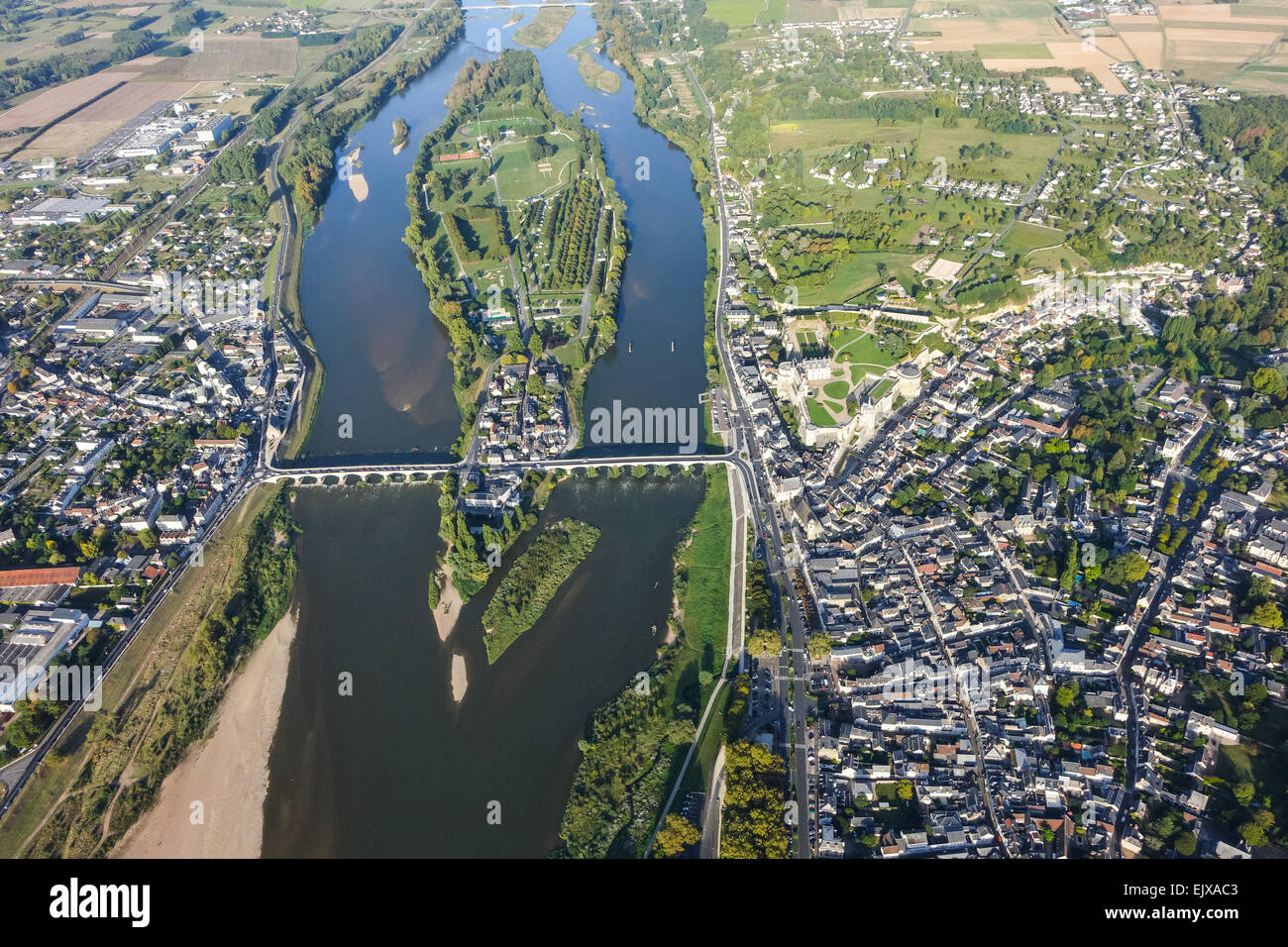 Amboise town and the Royal Chateau from the air. Island, river loire ...