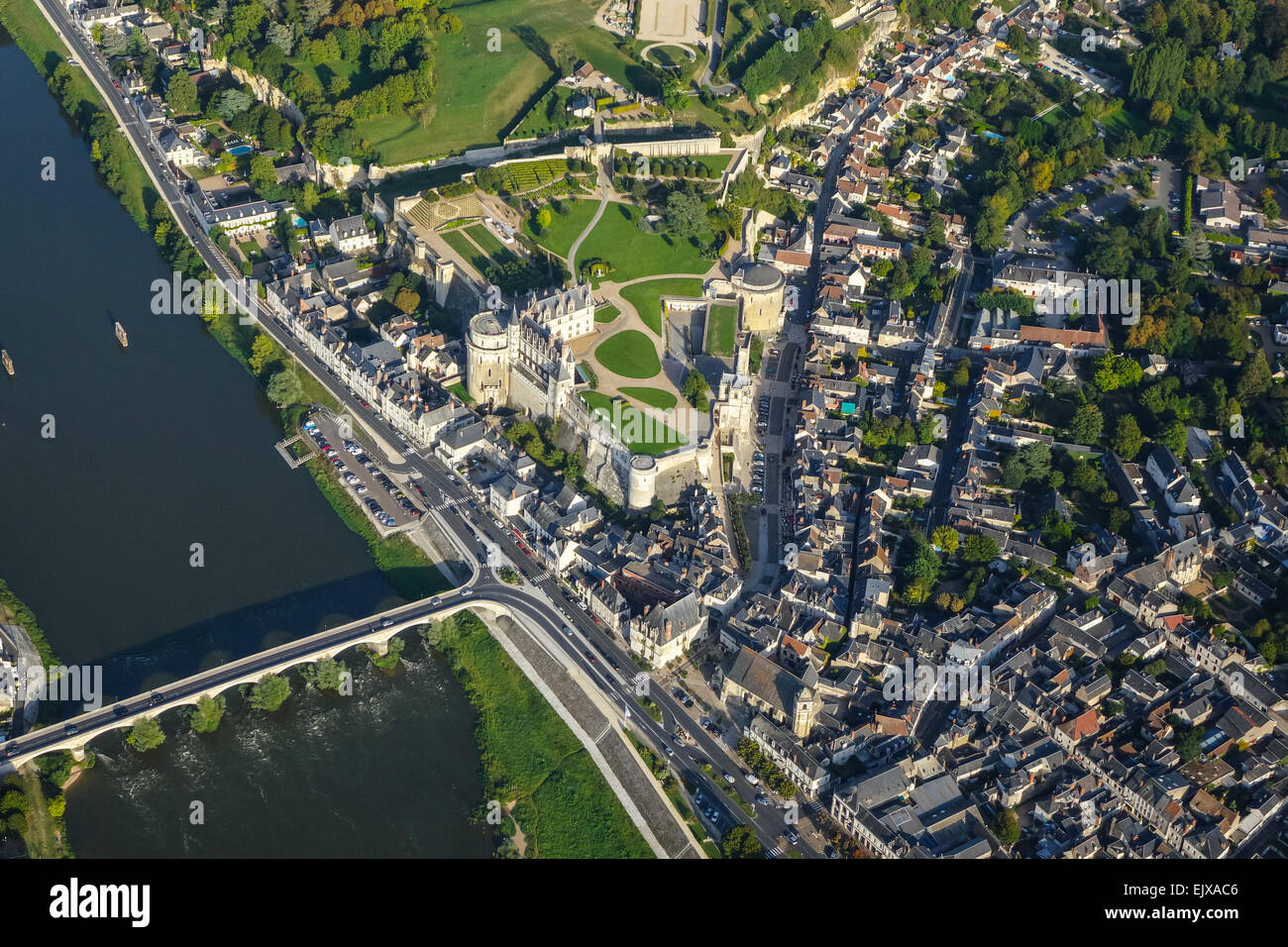 Amboise town and the Royal Chateau from the air. Island, river loire ...
