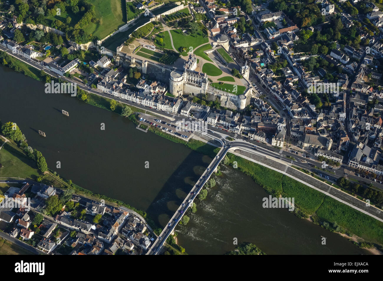 Amboise town and the Royal Chateau from the air. Island, river loire ...