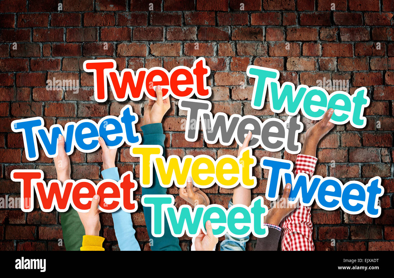 Diverse Hands Holding the Word Tweet Stock Photo - Alamy