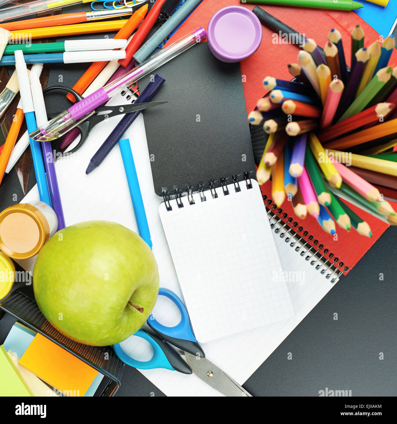Desk covered with multiple stationery Stock Photo - Alamy