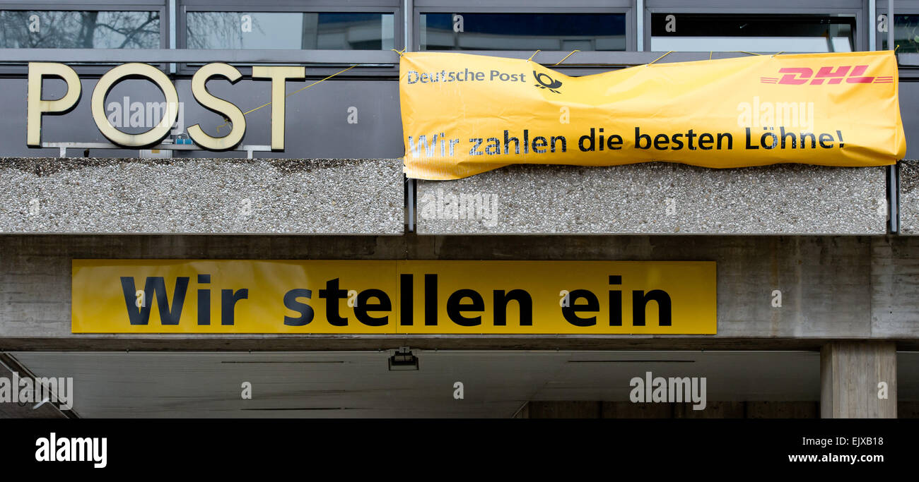 Munich, Germany. 02nd Apr, 2015. Banners reading 'We hire' and 'We pay ...