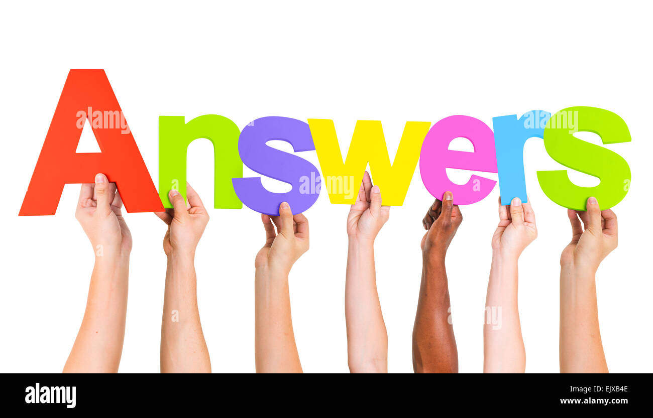 Diverse Hands Holding the Word Answers Stock Photo - Alamy