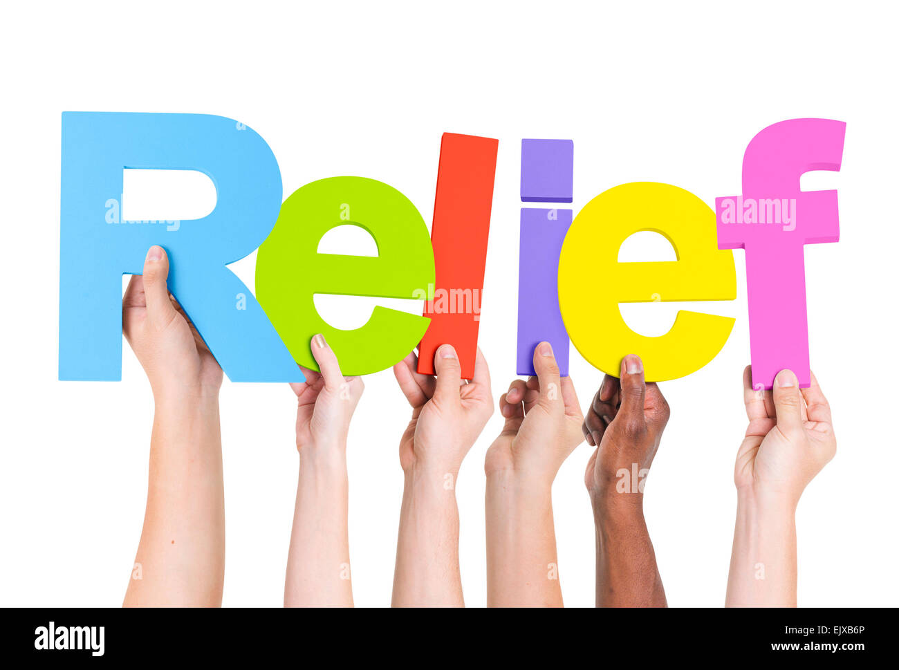 Diverse Hands Holding the Word Relief Stock Photo - Alamy