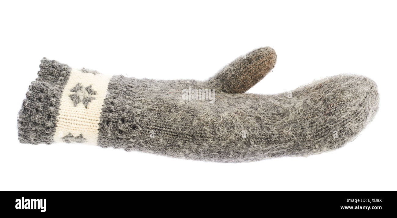 Old gray frayed mitten isolated Stock Photo - Alamy