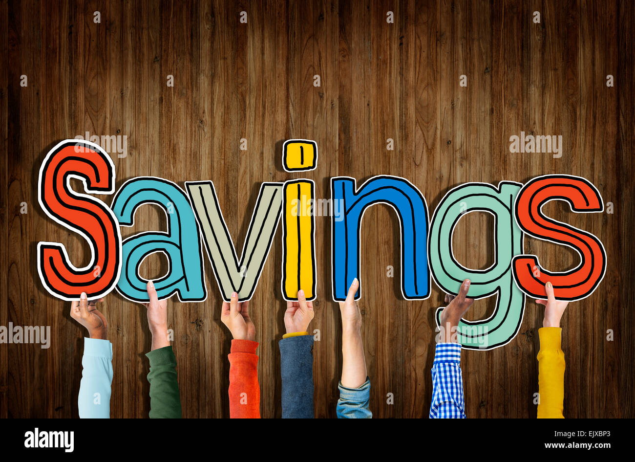 Multiethnic Group of Hands Holding Word Savings Stock Photo - Alamy