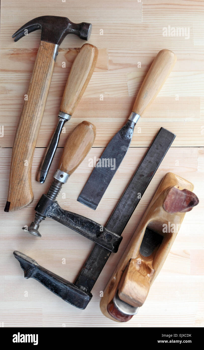 Carpenter Tools Hummer, G-clamp, Plane and Chisels for Woodworking ...