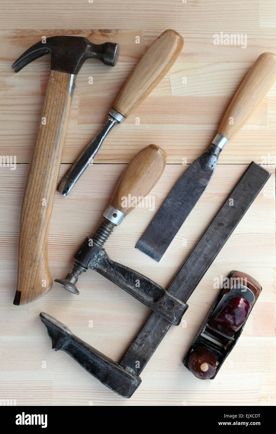 Carpenter Tools Hummer, G-clamp, Plane and Chisels for Woodworking ...