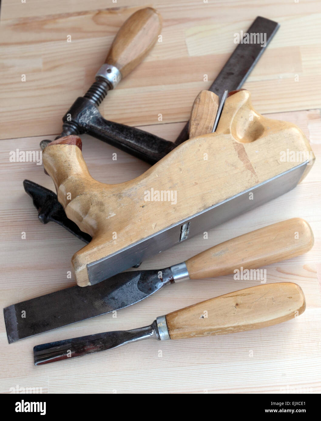 Carpenter Tools Planes, G-clamp and Chisels for Woodworking Stock Photo ...