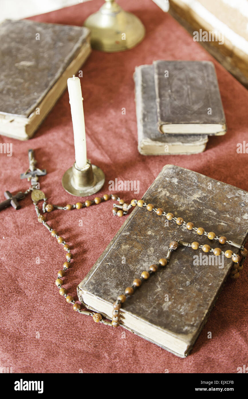 Bible and rosary to pray, detail of religious objects, Christianity ...