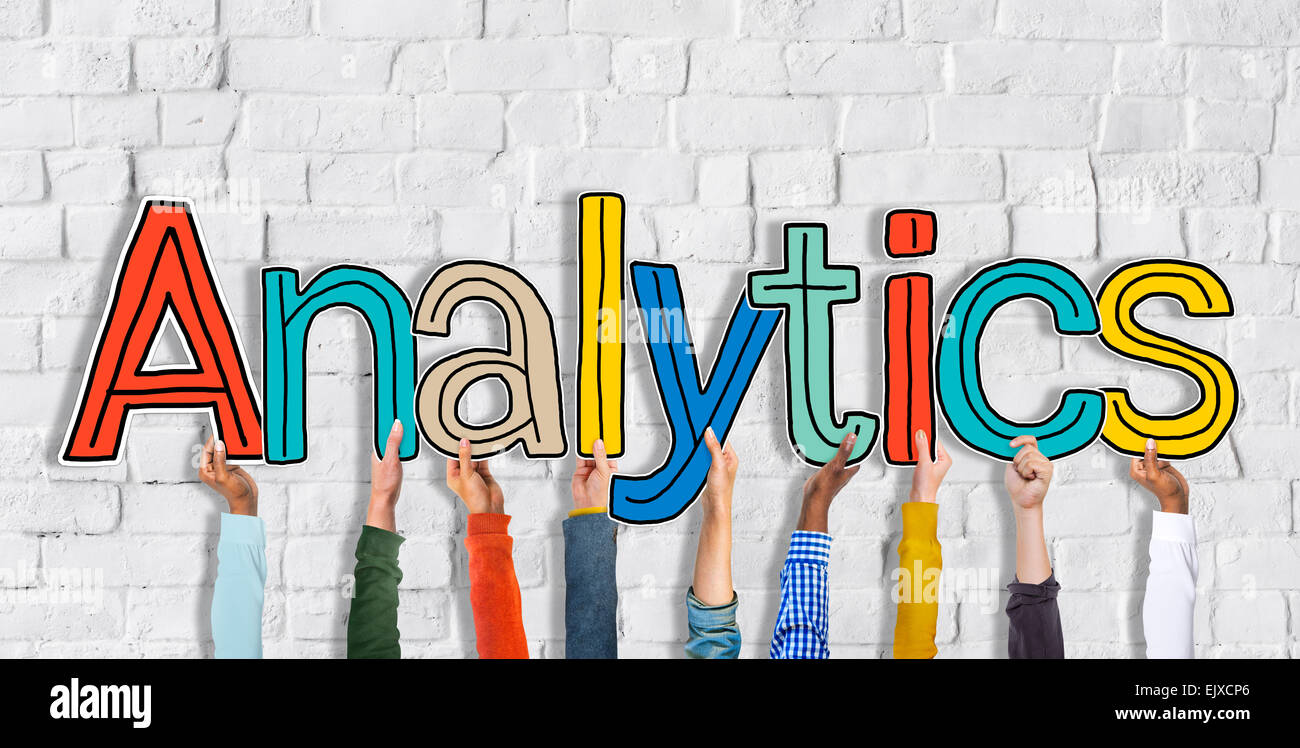 Multiethnic Group of Hands Holding Word Analytics Stock Photo - Alamy