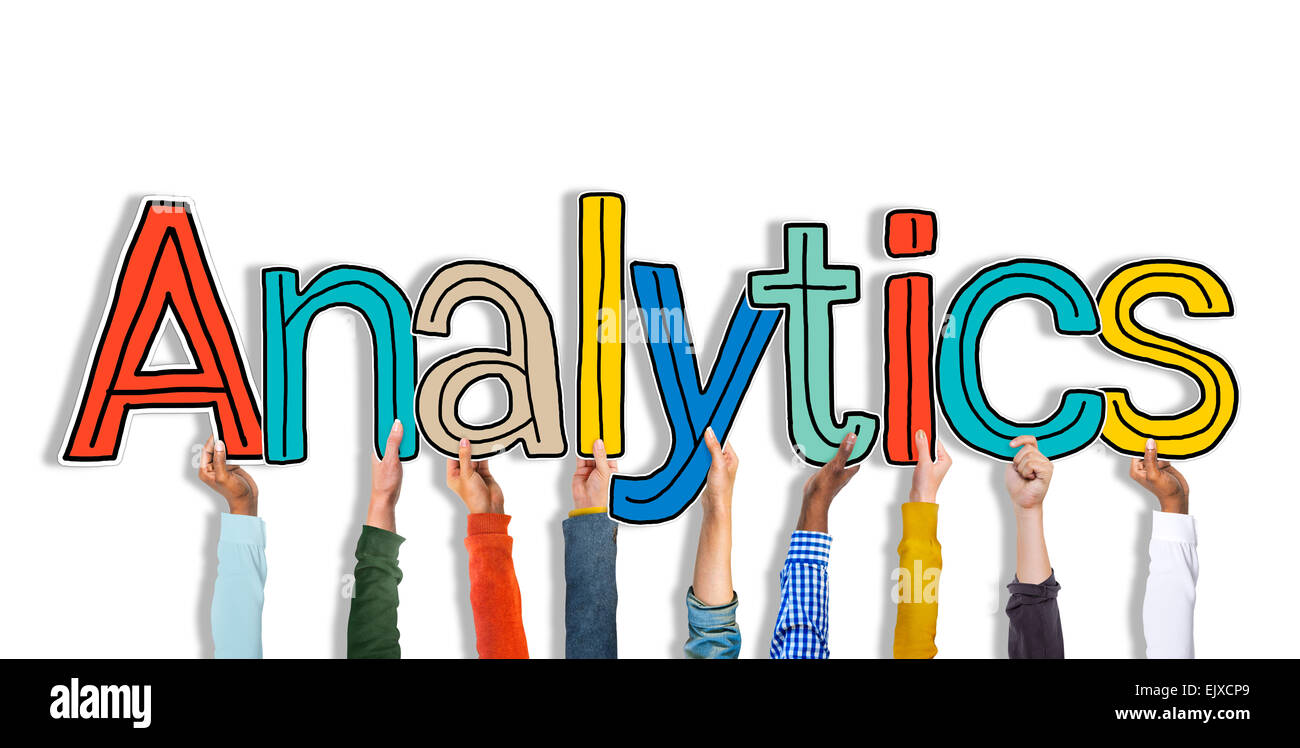 Multiethnic Group of Hands Holding Word Analytics Stock Photo - Alamy
